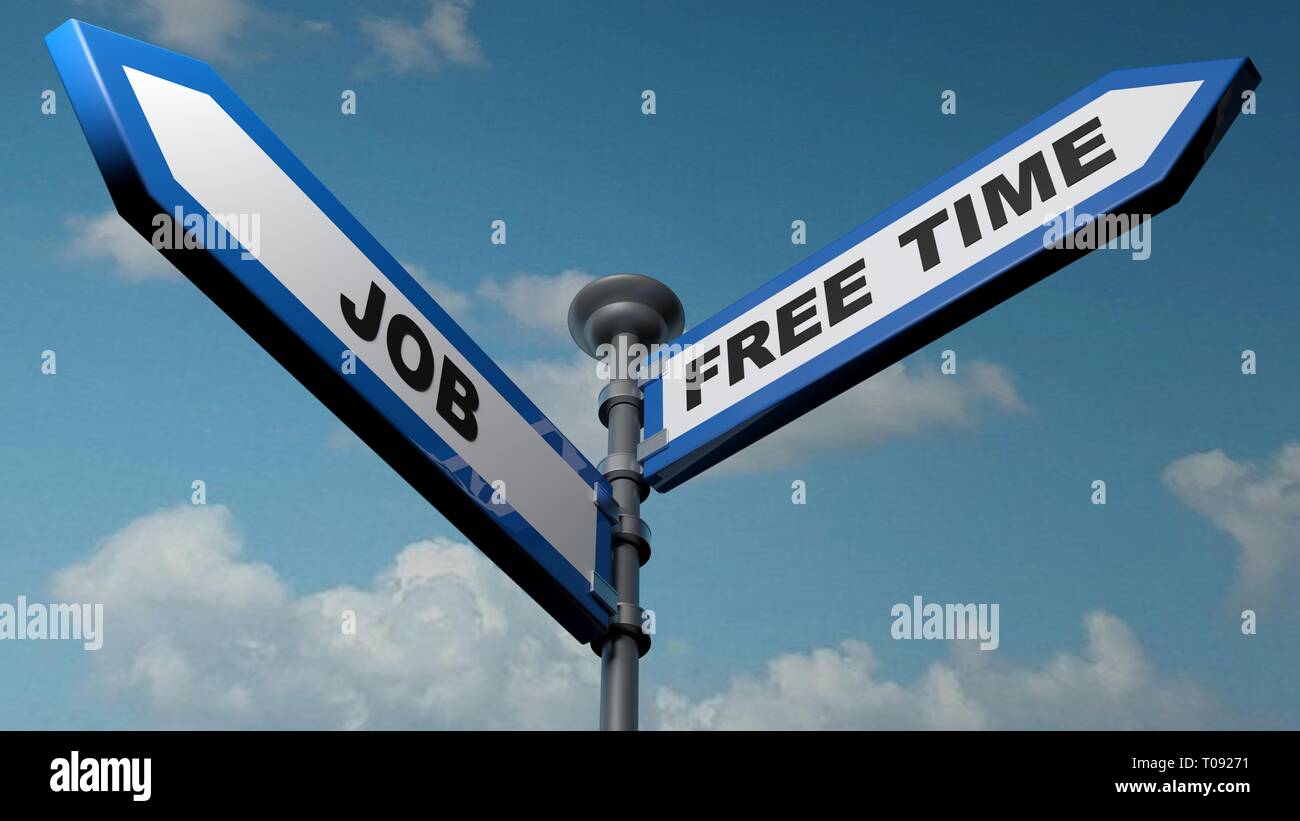 Job - Free time arrow street signs - 3D rendering illustration Stock ...