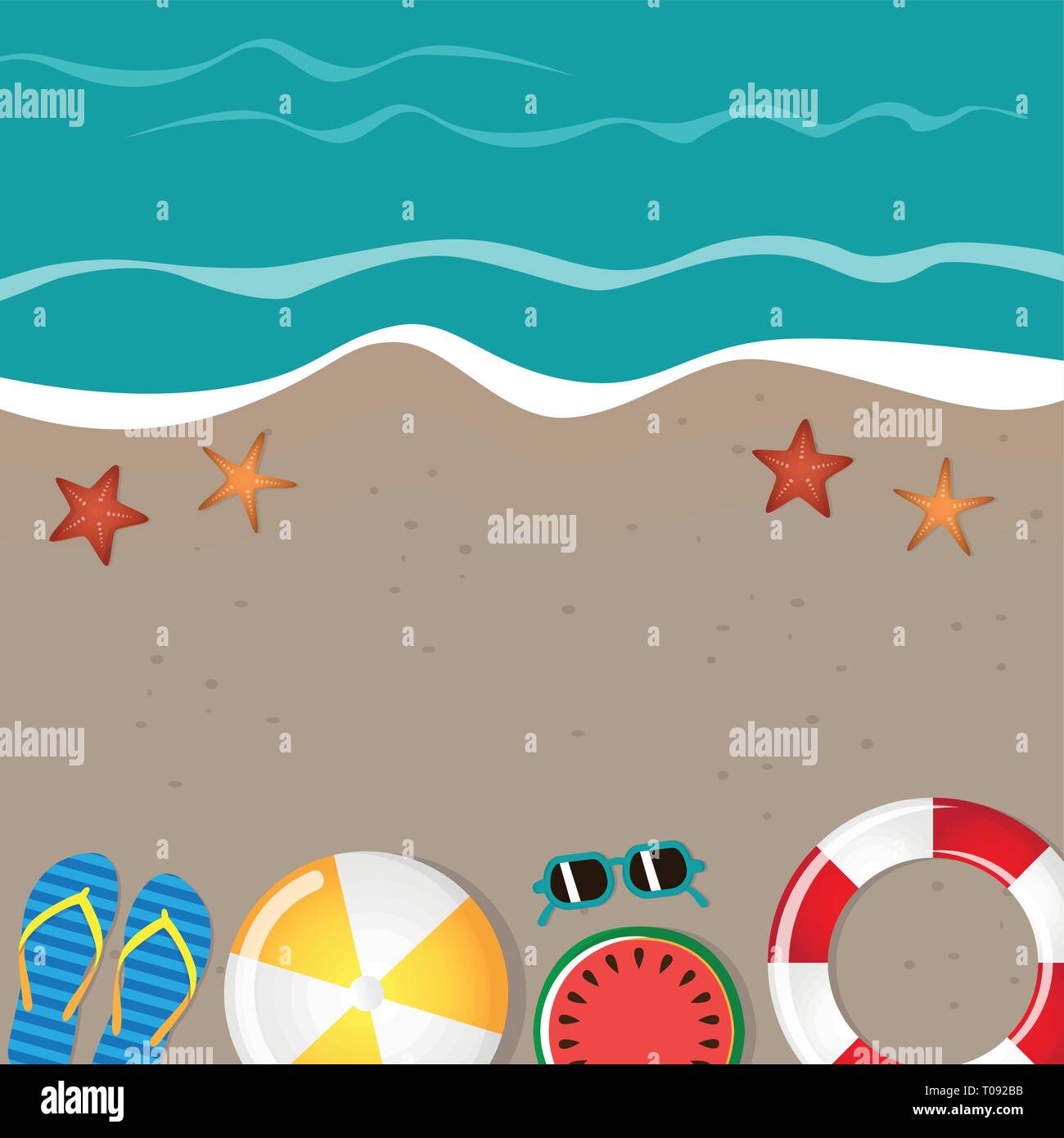 different beach utensils summer holiday background with flip flops ...
