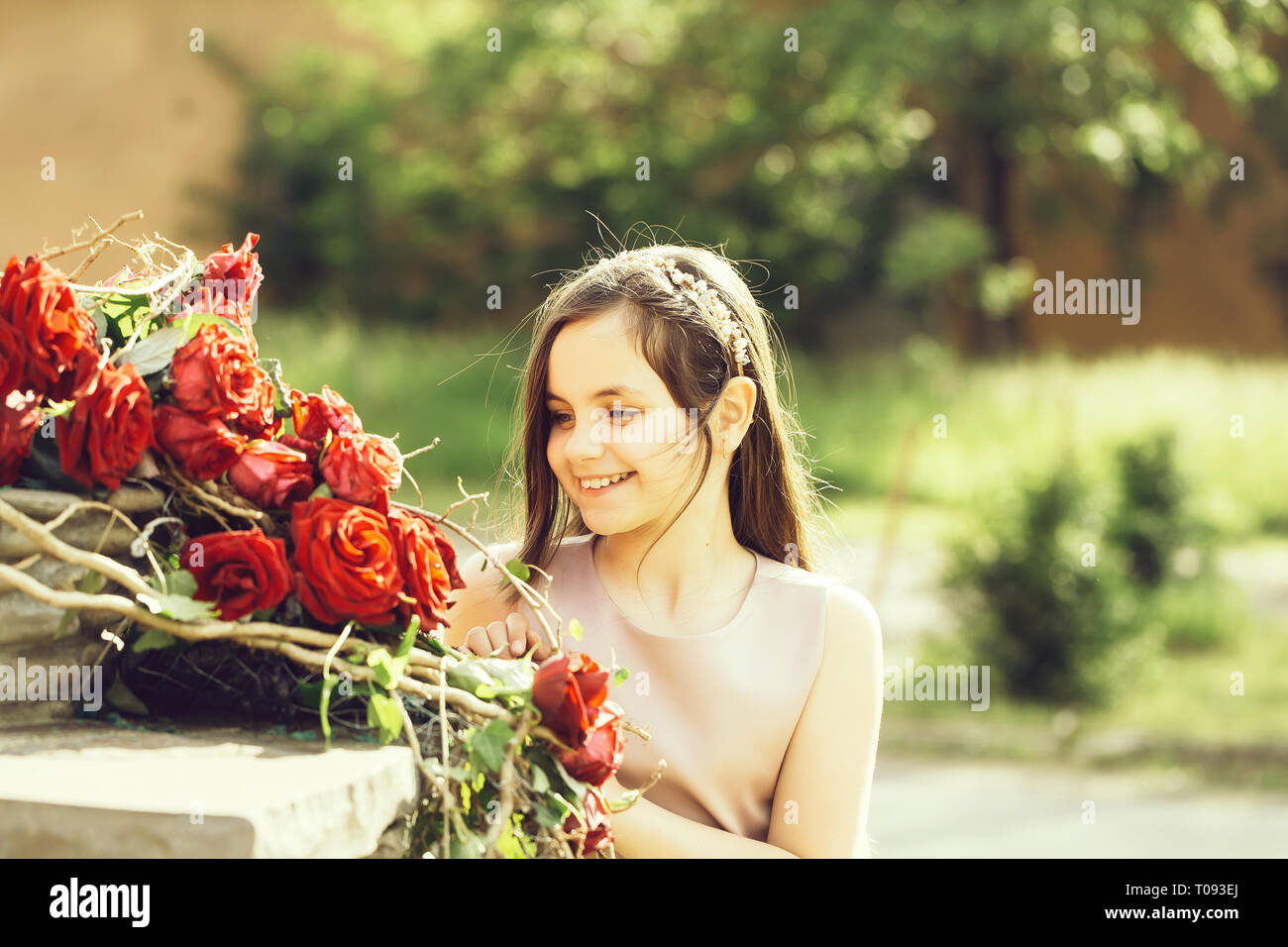 Little girl with red roses Stock Photo - Alamy