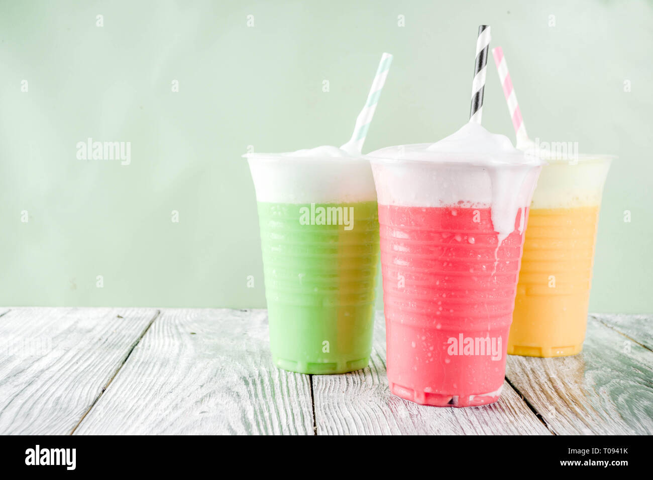 Summer colorful iced fog tea drinks, with tea, honey, matcha, lemonade ...
