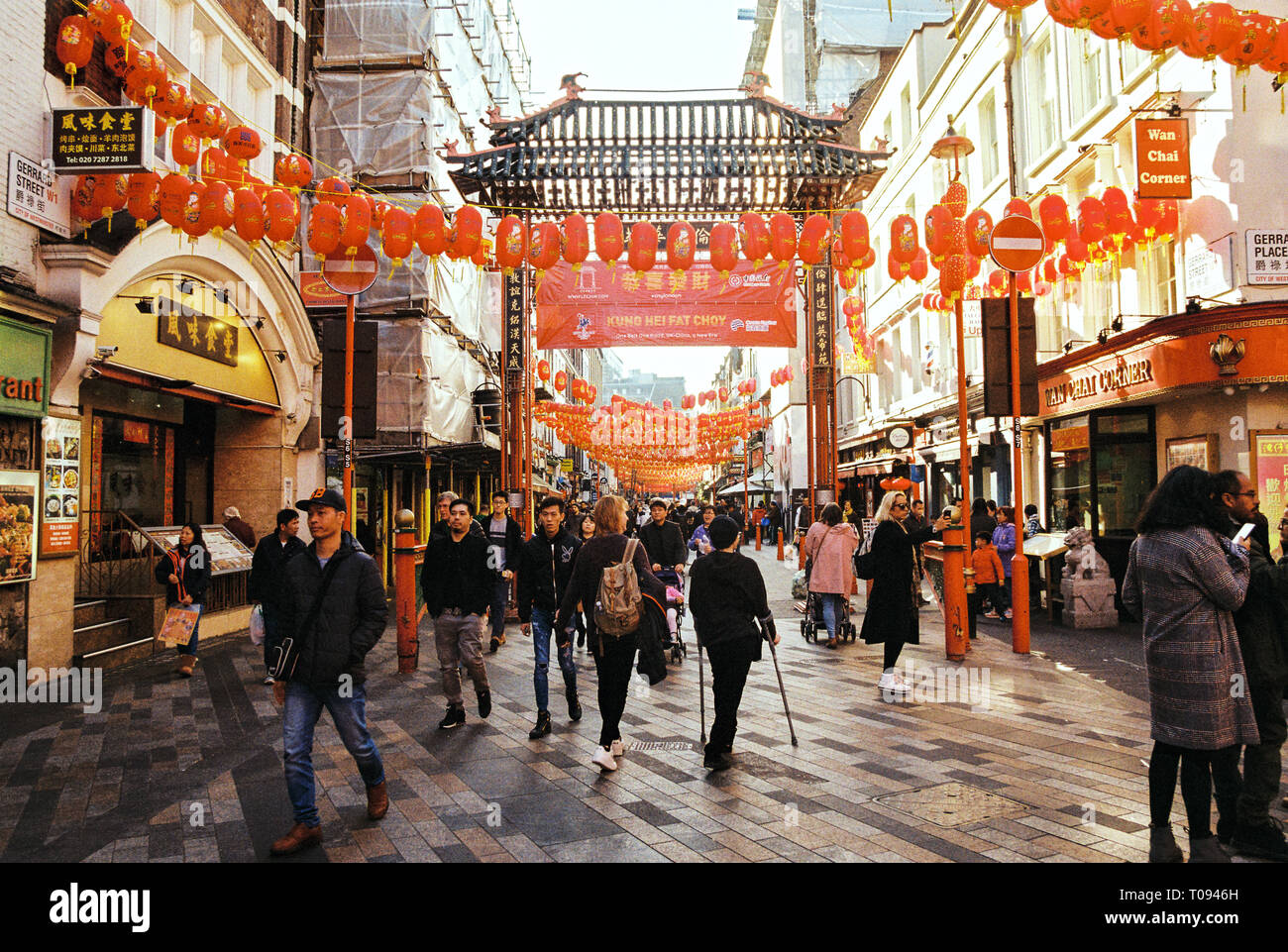 Lanterns decorating Chinatown in London to celebrate the Chinese new Year, Gerrard Street, Soho ...