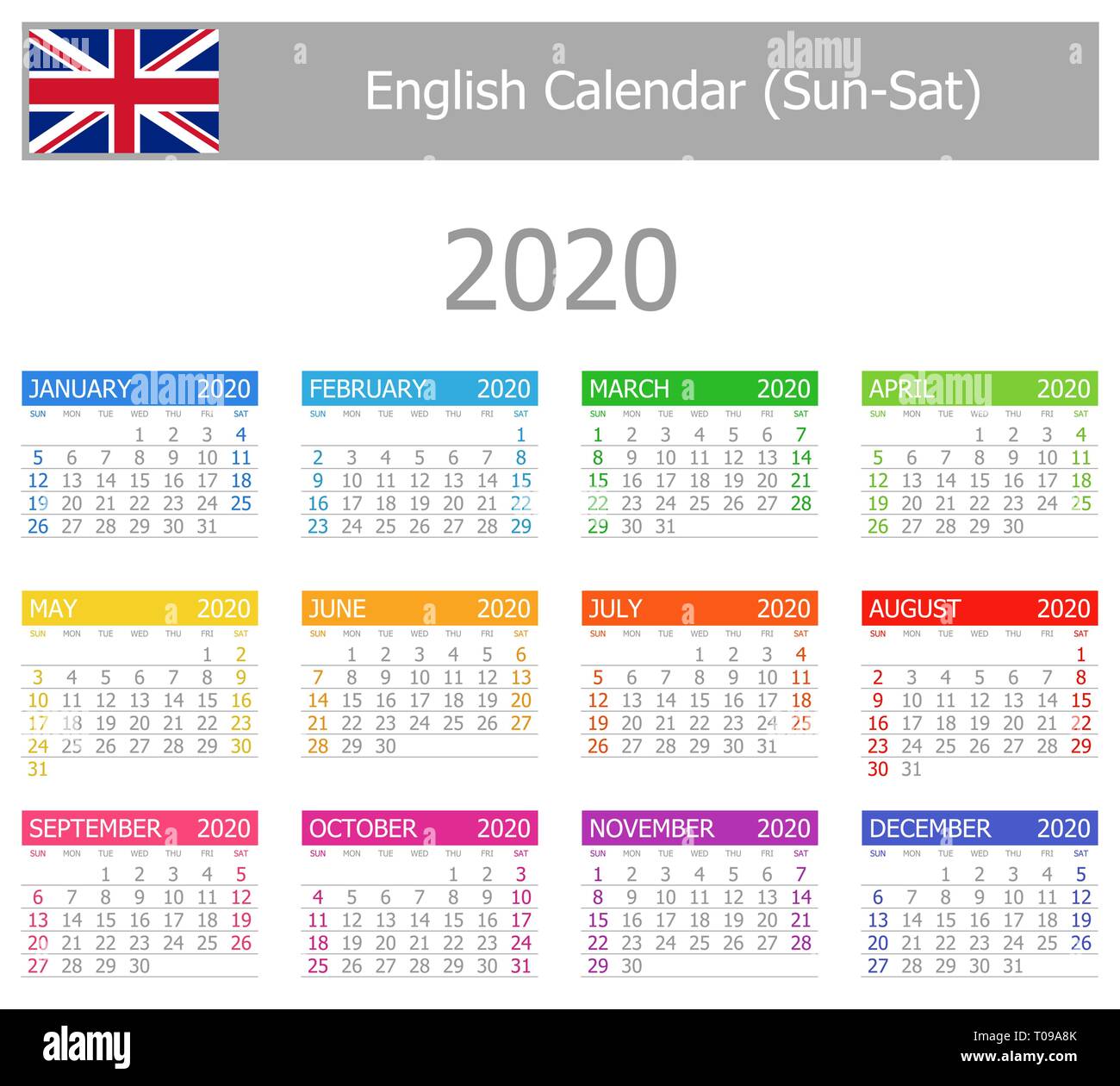 2020 English Type-1 Calendar Sun-Sat on white background Stock Vector ...