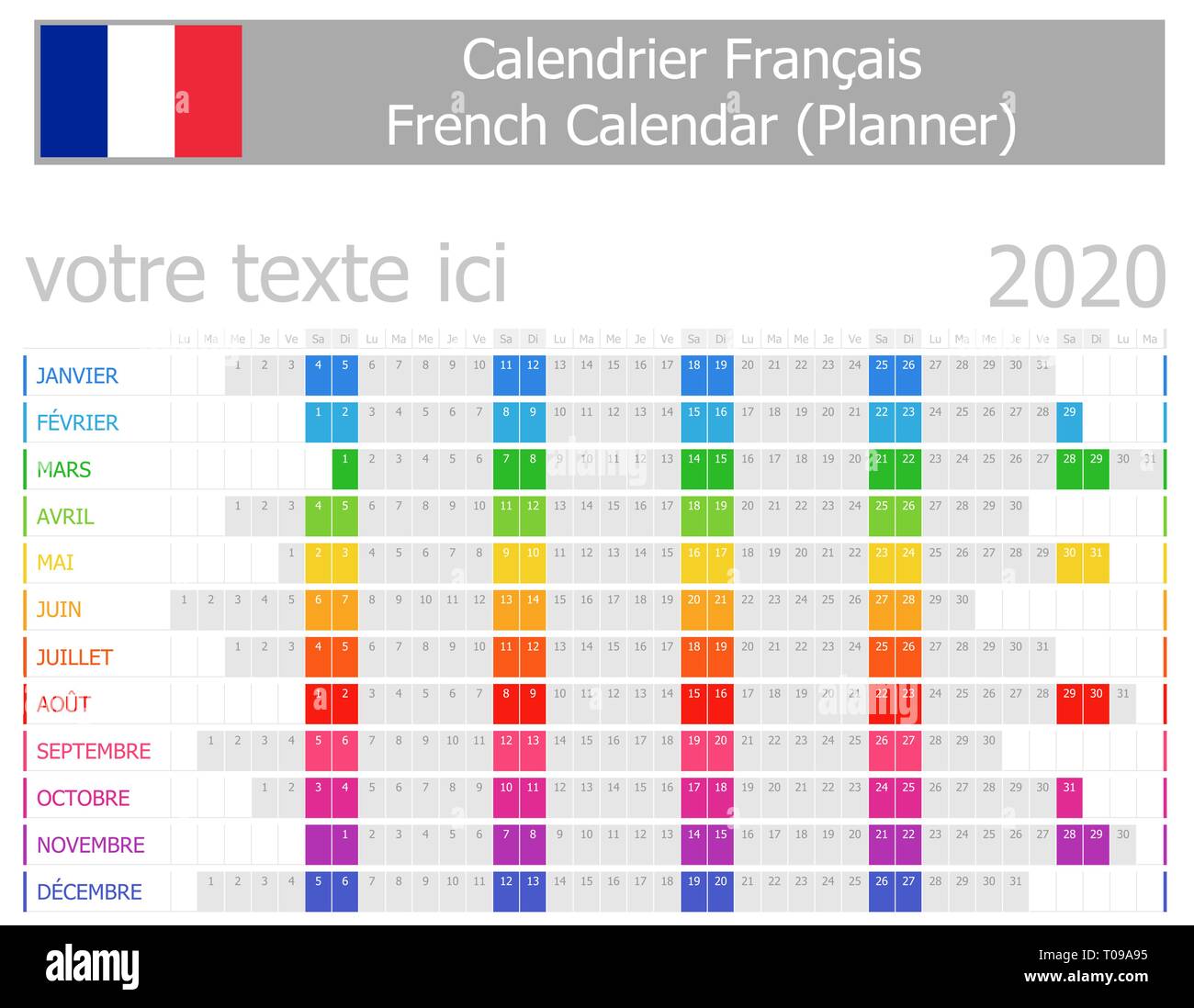 2020 French Planner Calendar with Horizontal Months on white background ...