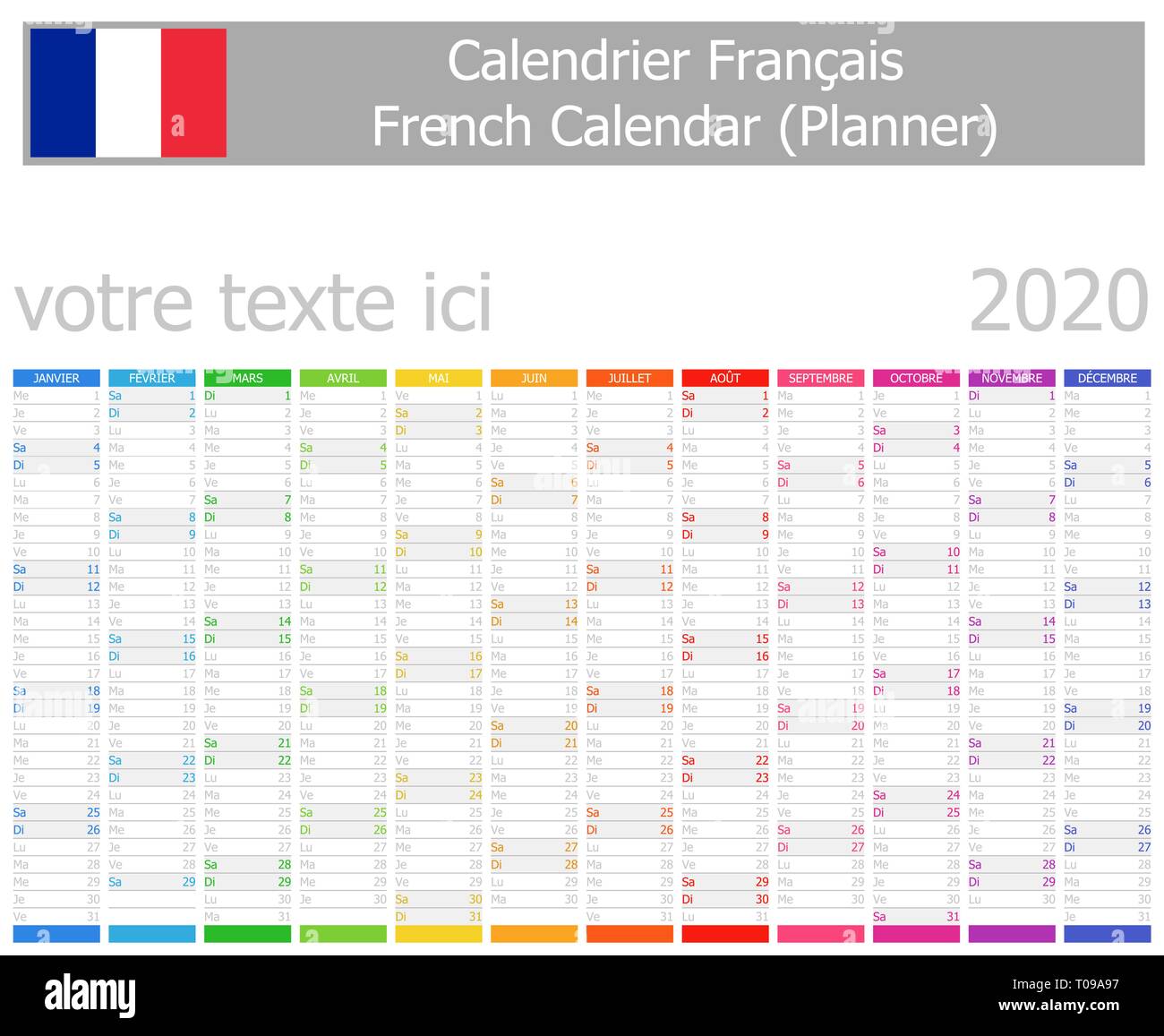 2020 French Planner Calendar with Vertical Months on white background ...