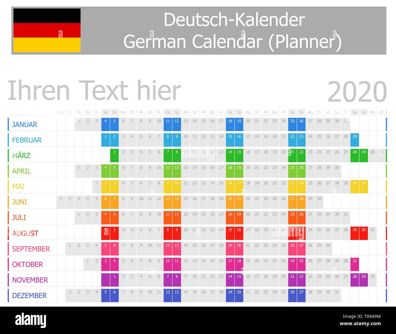 2020 German Planner Calendar with Horizontal Months on white background ...