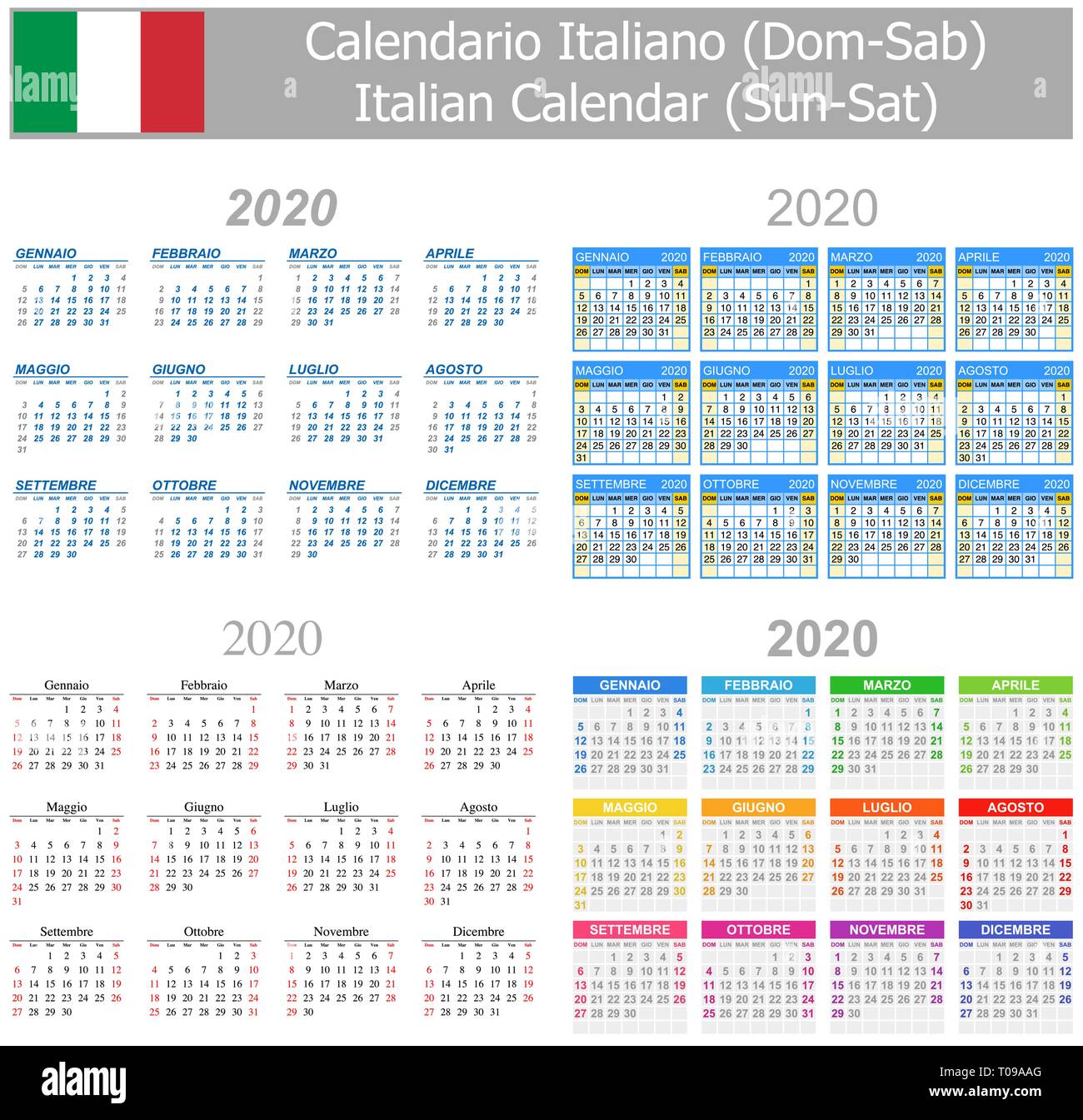 2020 Italian Mix Calendar Sun-Sat on white background Stock Vector ...
