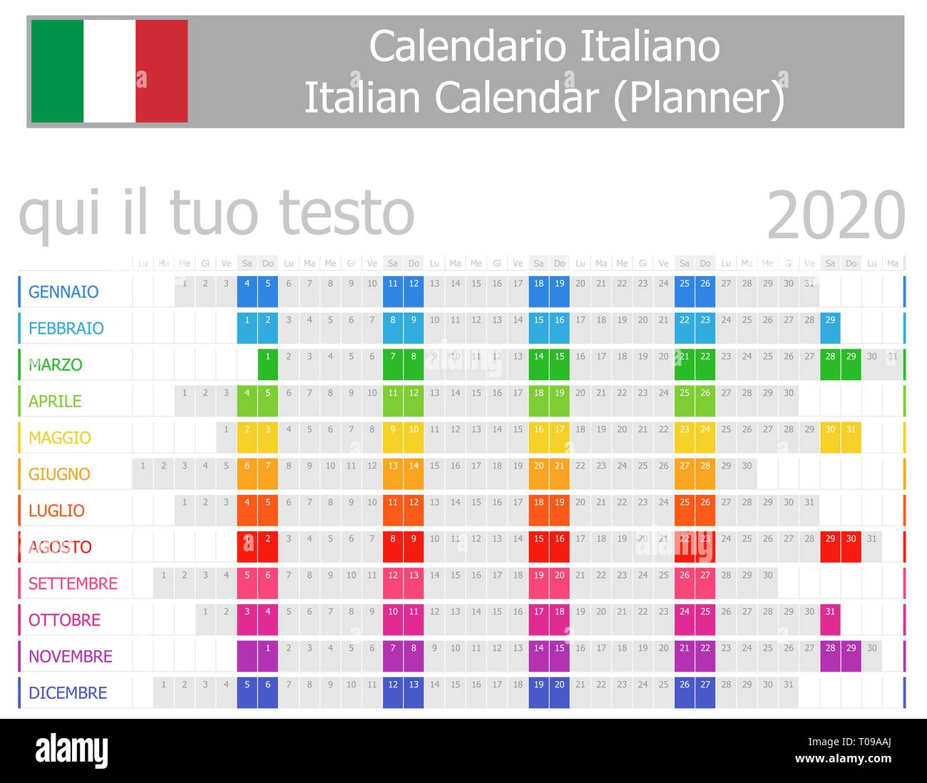 2020 Italian Planner Calendar with Horizontal Months on white ...