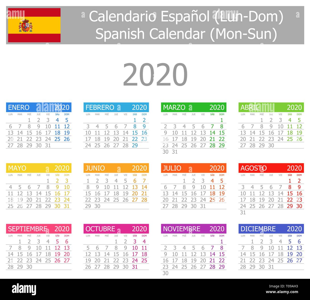 2020 Spanish Type-1 Calendar Mon-Sun on white background Stock Vector ...