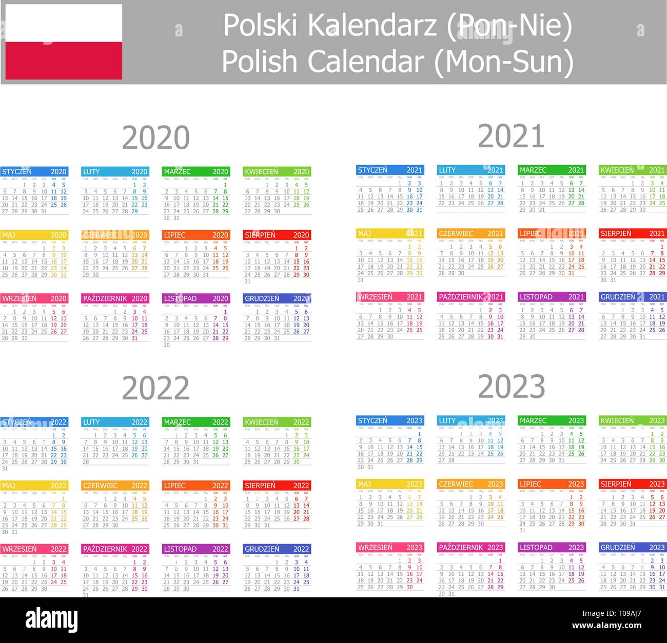 2020-2023 Polish Type-1 Calendar Mon-Sun on white background Stock ...