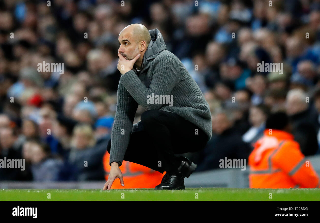 Manchester City manager Pep Guardiola gestures on the touchline Stock ...