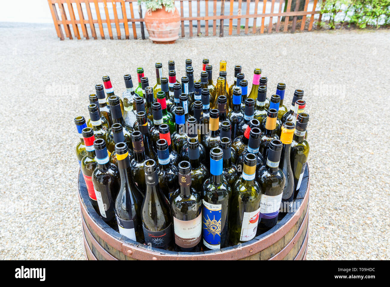 Empty wine bottles in a barrel Stock Photo - Alamy