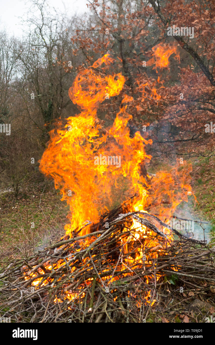 Garden fire with fierce flames with smoke fumes rising from a bonfire ...