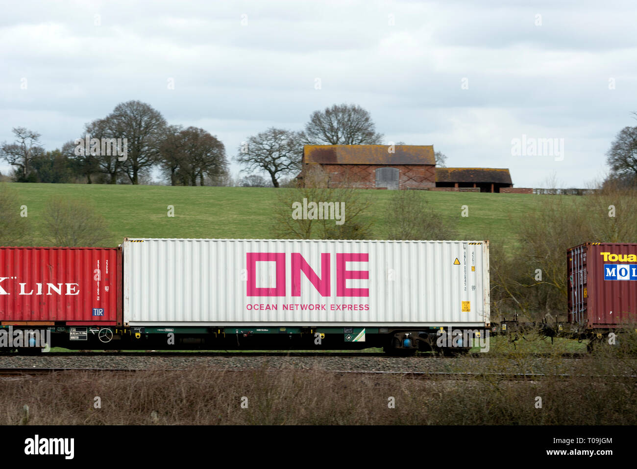 Ocean Network Express (ONE) shipping container on a freightliner train ...
