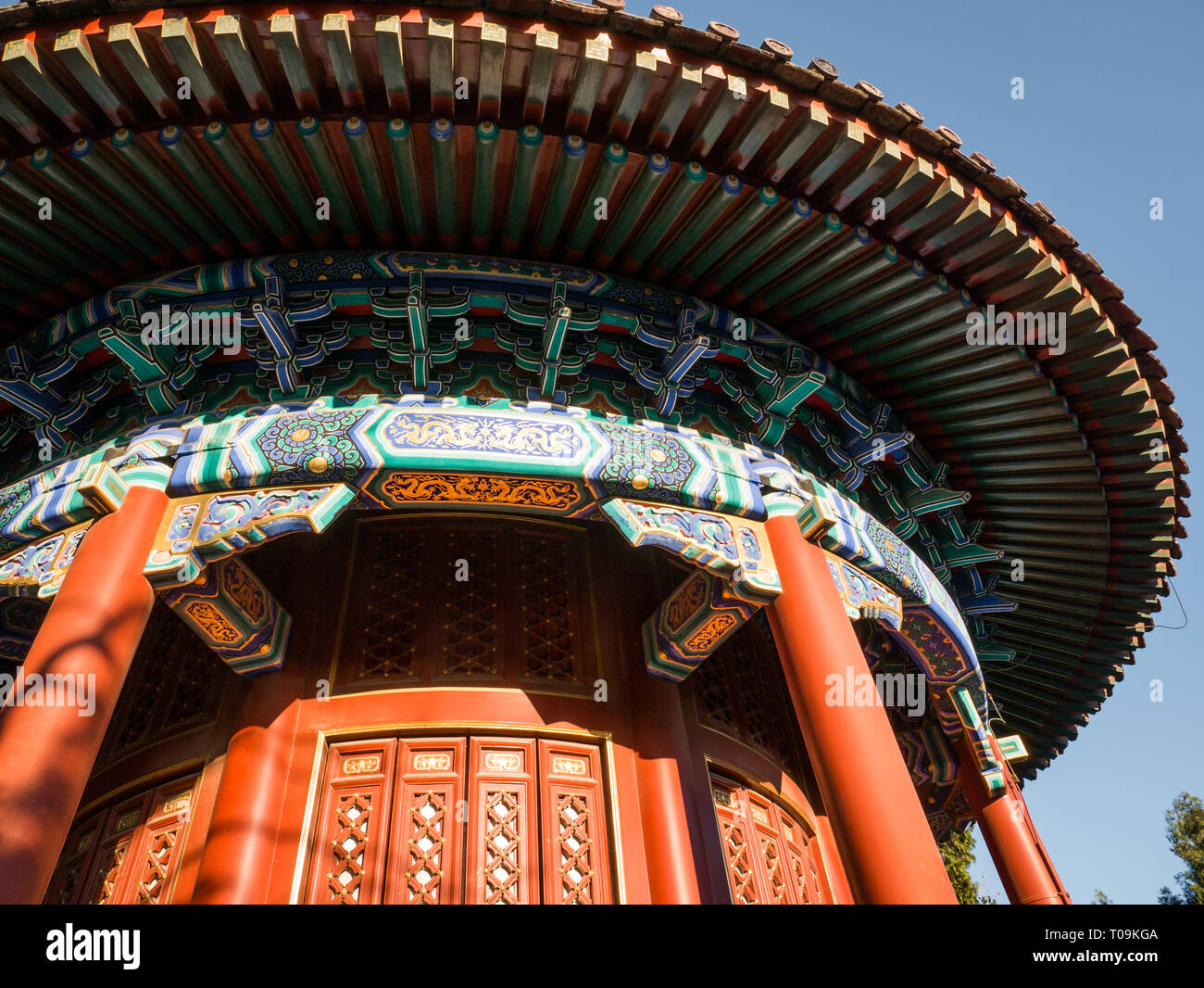 Classical red Chinese pavilion with colorful ornaments, Jingshan Park ...