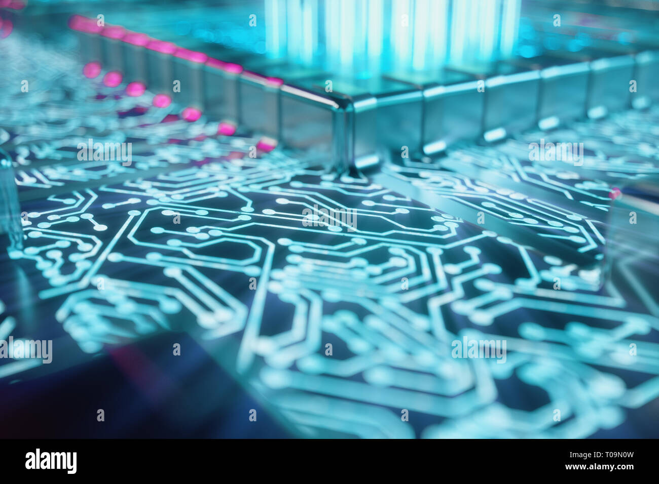 AI - artificial intelligence CPU concept. Machine learning. CPU on the board with glow tracks ...
