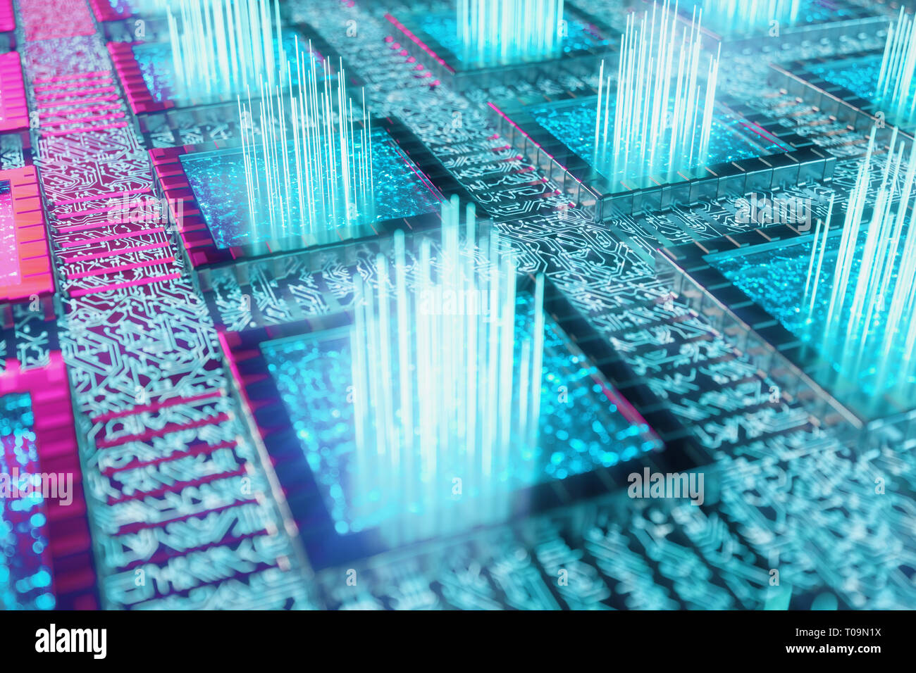 AI - artificial intelligence CPU concept. Machine learning. CPU on the board with glow tracks ...