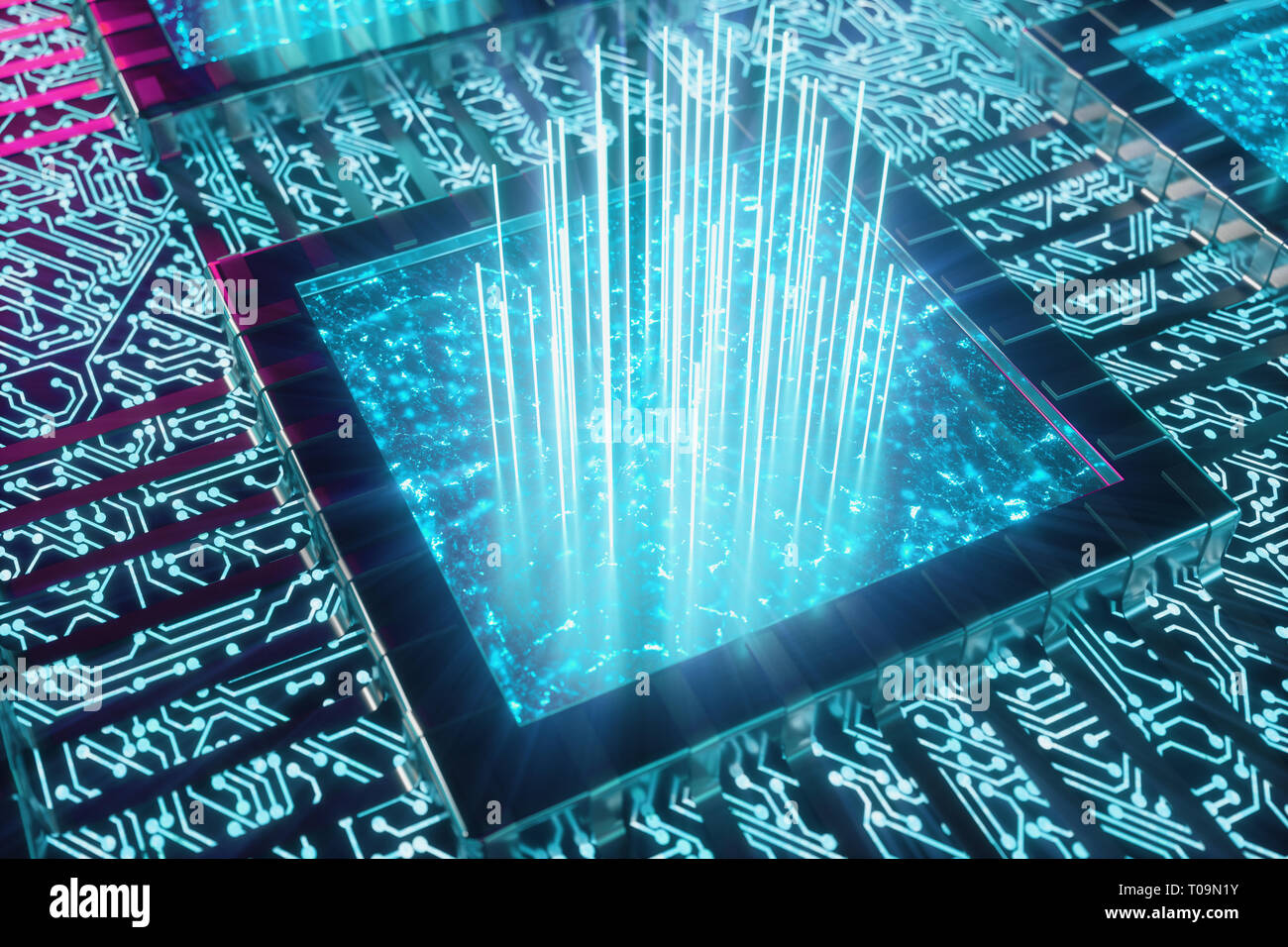 AI - artificial intelligence CPU concept. Machine learning. CPU on the board with glow tracks ...