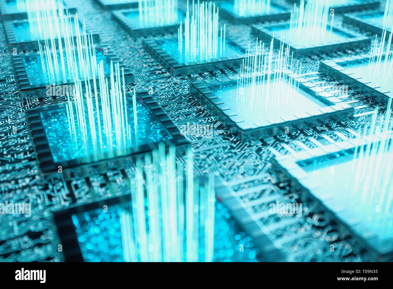 AI - artificial intelligence CPU concept. Machine learning. CPU on the board with glow tracks ...
