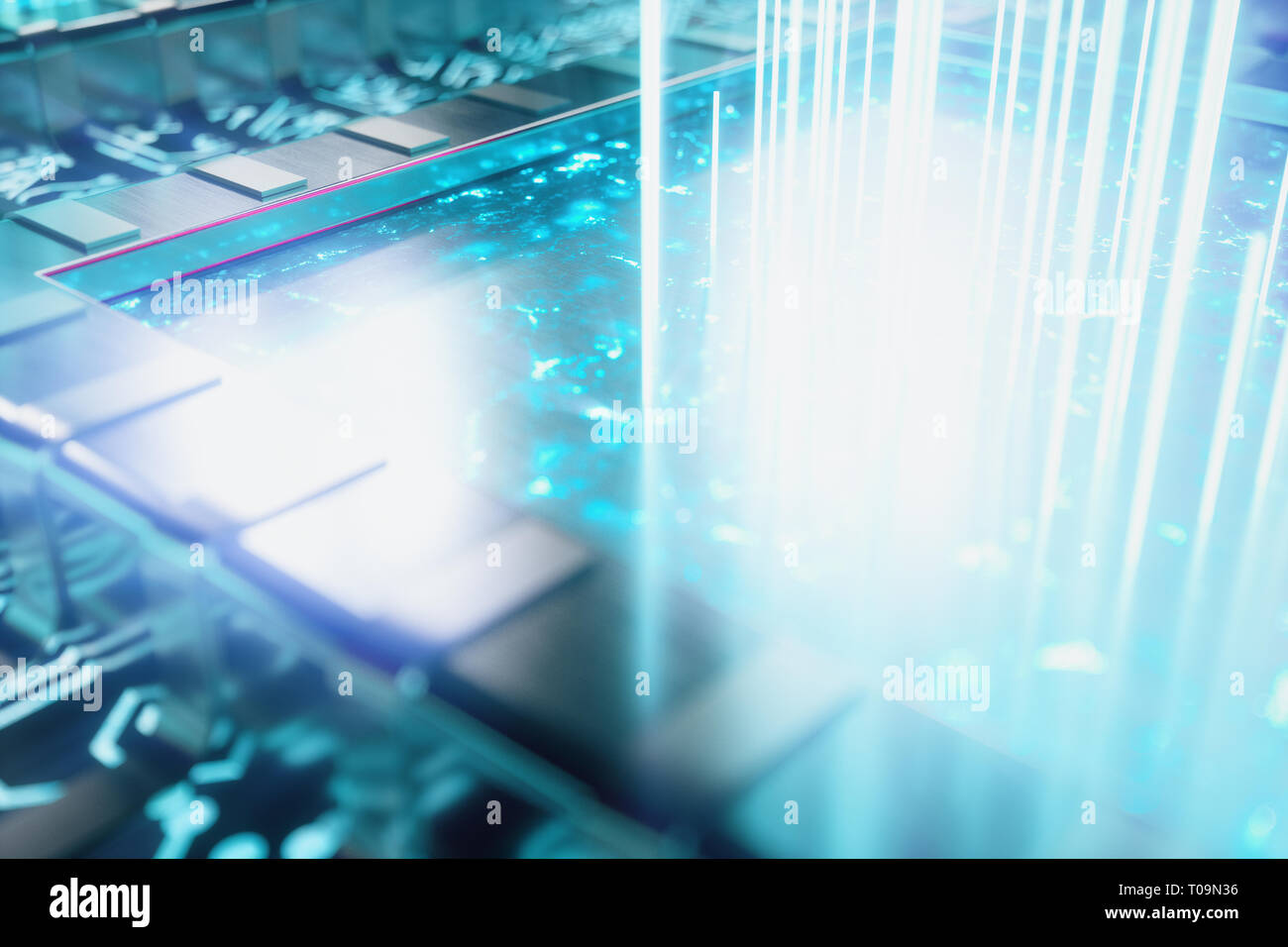 AI - artificial intelligence CPU concept. Machine learning. CPU on the board with glow tracks ...