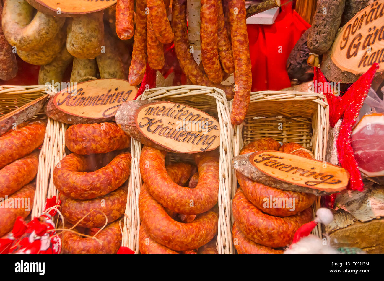 Window display of German Sausages in baskets Rothenburg ob der Tauber ...
