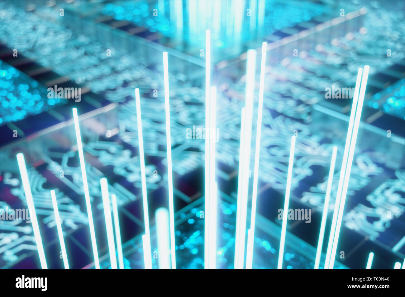 AI - artificial intelligence CPU concept. Machine learning. CPU on the board with glow tracks ...