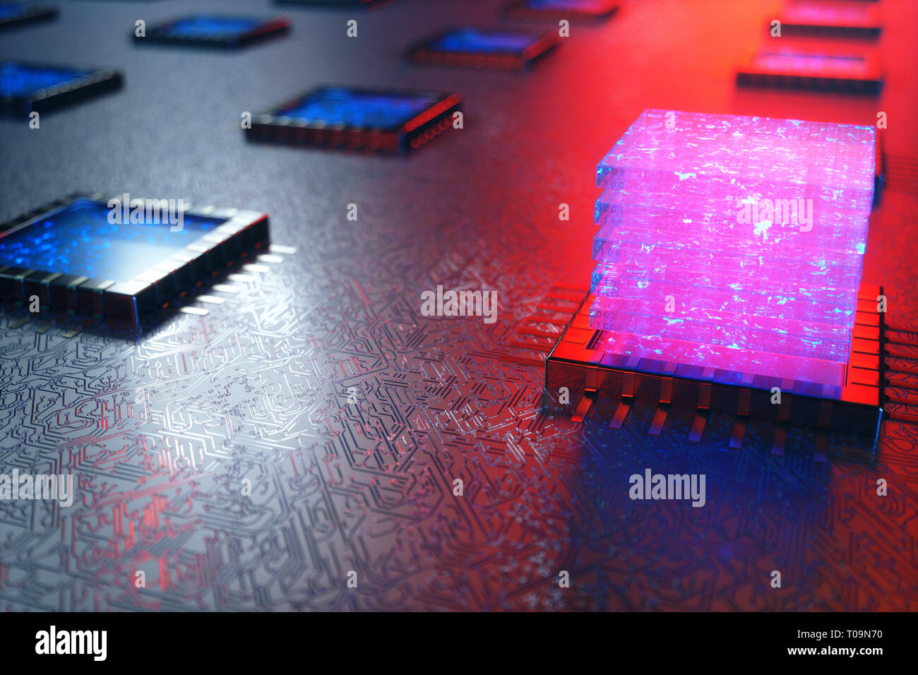 AI - artificial intelligence CPU concept. Machine learning. CPU on the board with glow tracks ...