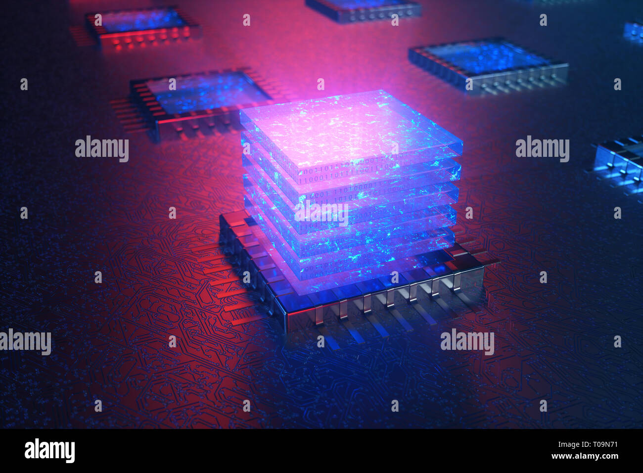 AI - artificial intelligence CPU concept. Machine learning. CPU on the board with glow tracks ...