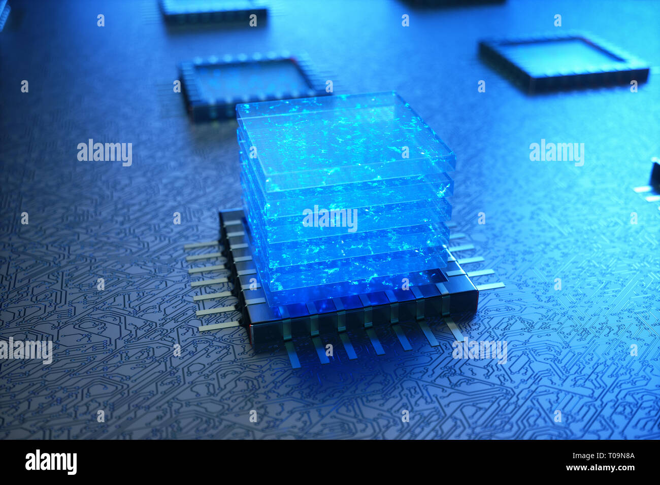 AI - artificial intelligence CPU concept. Machine learning. CPU on the board with glow tracks ...