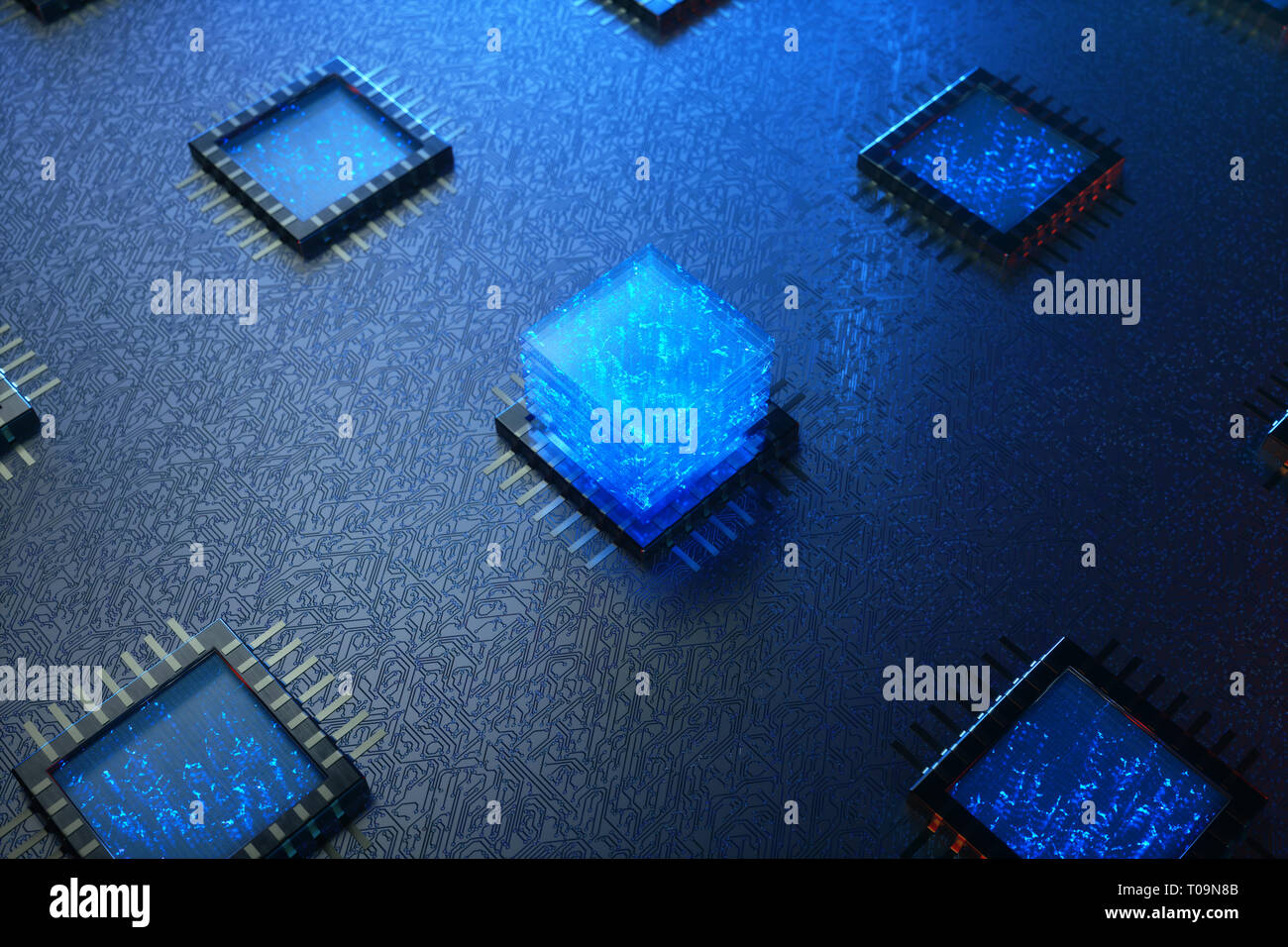 AI - artificial intelligence CPU concept. Machine learning. CPU on the board with glow tracks ...