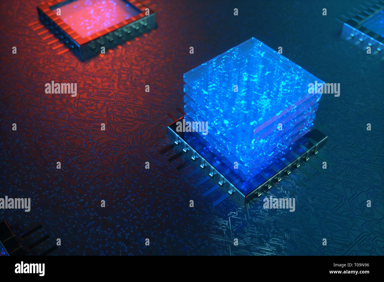 AI - artificial intelligence CPU concept. Machine learning. CPU on the board with glow tracks ...