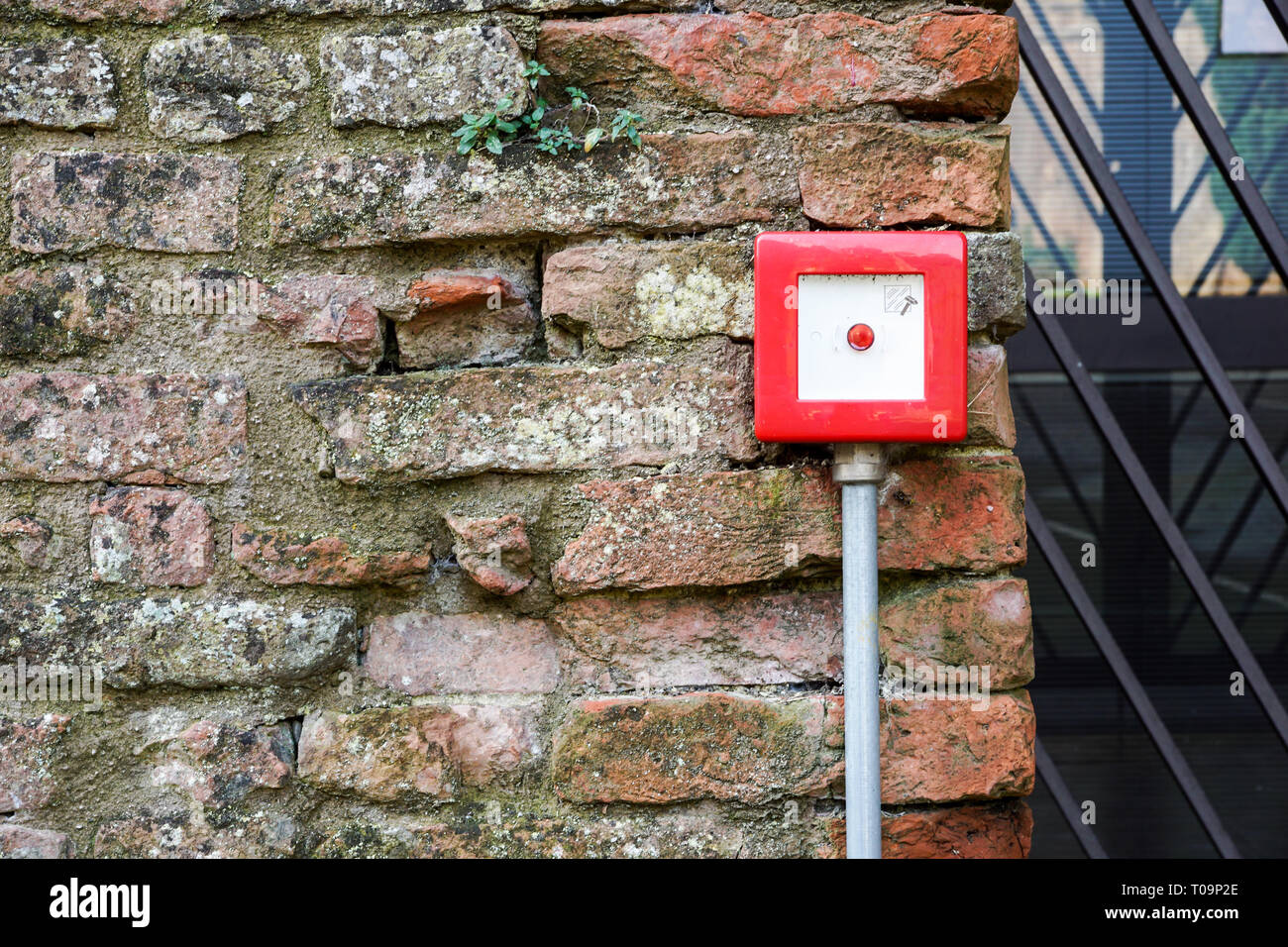 Fire alarm box on white cement wall for security warning alert, push ...