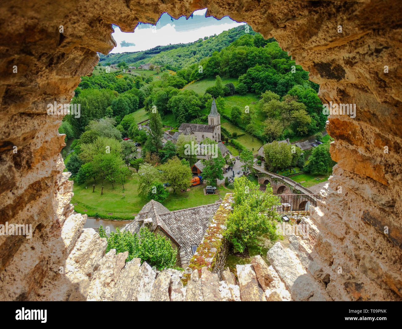 Medieval church and bridge of Belcastel view from a medieval castle ...