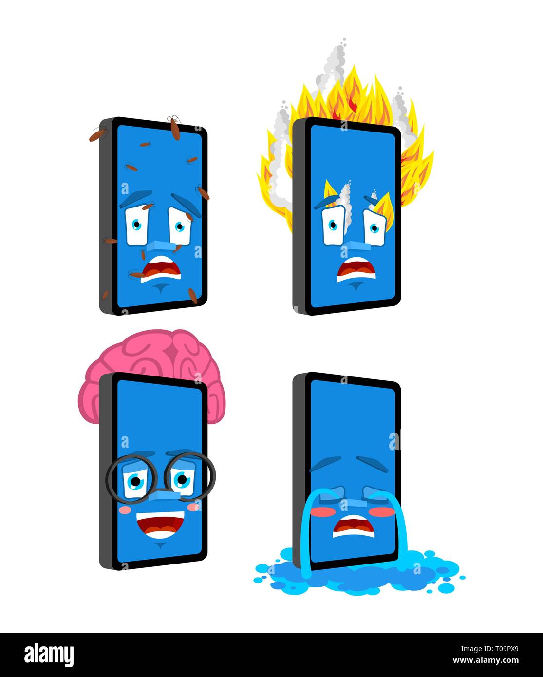 Phone emoji set 3. Smartphone Smart and infected. Fire and crying ...