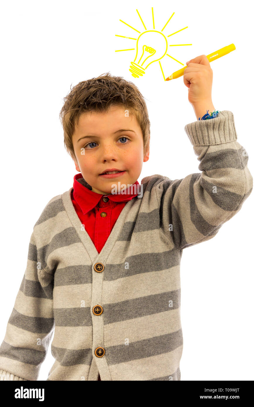little boy having a bright idea. the background is pure white, so the ...