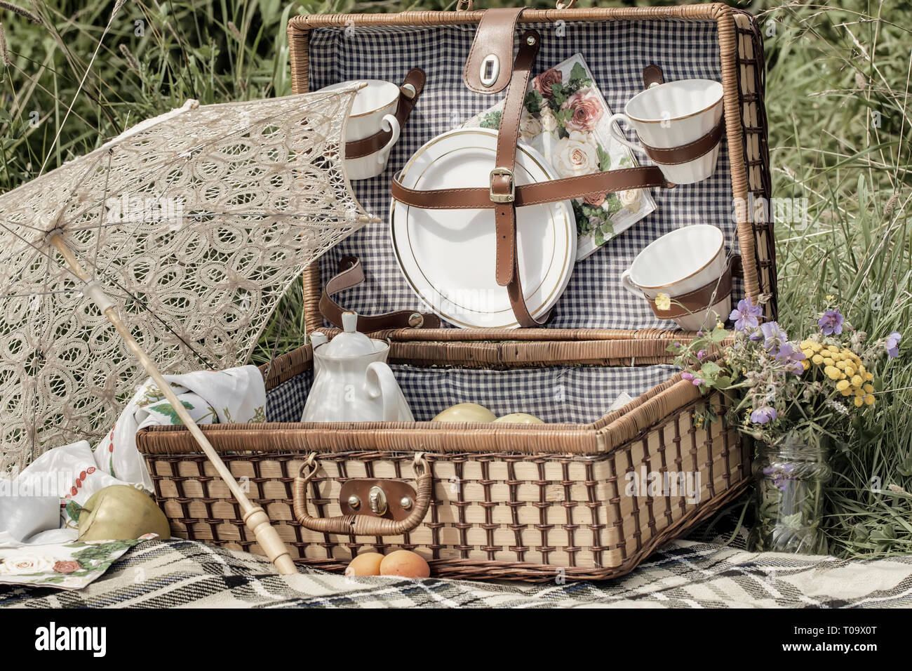 Romantic picnic outdoors, in nature in summer, rustic lunch, vintage ...