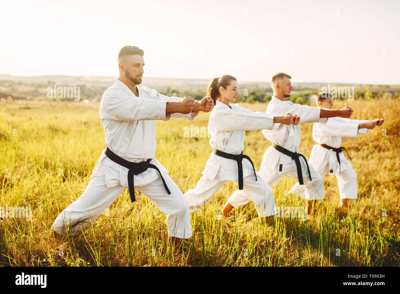 Karate group with master in white kimono, workout in summer field ...