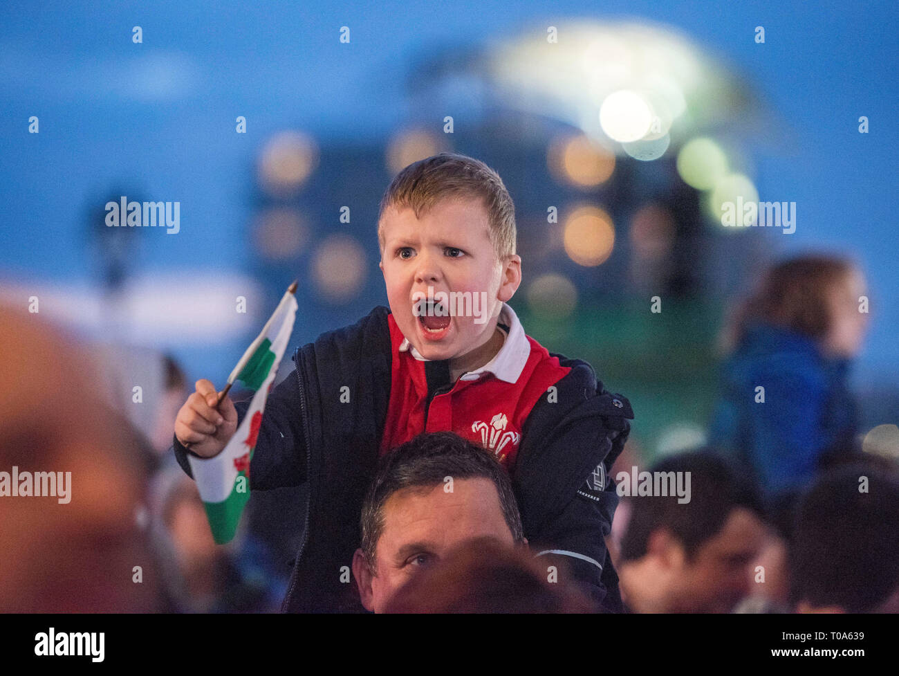 Cardiff, UK. 18th Mar, 2019. Welsh rugby fans cheer the Wales national ...