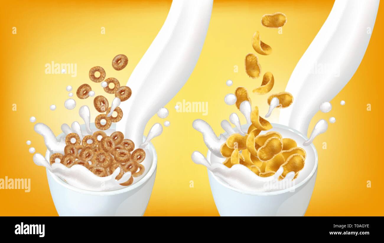 Cornflakes in milk splash Vector realistic mock up. package label ...