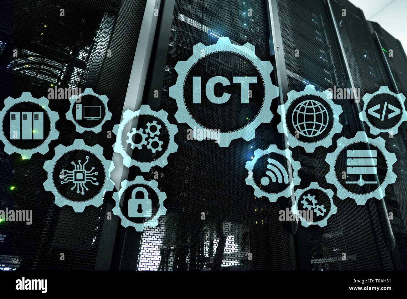 ICT. Information and communications technology on modern server room ...