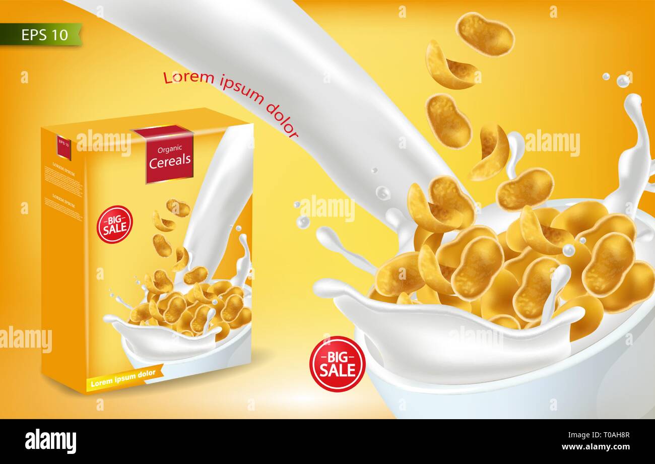 Cornflakes in milk splash Vector realistic mock up. Product placement ...