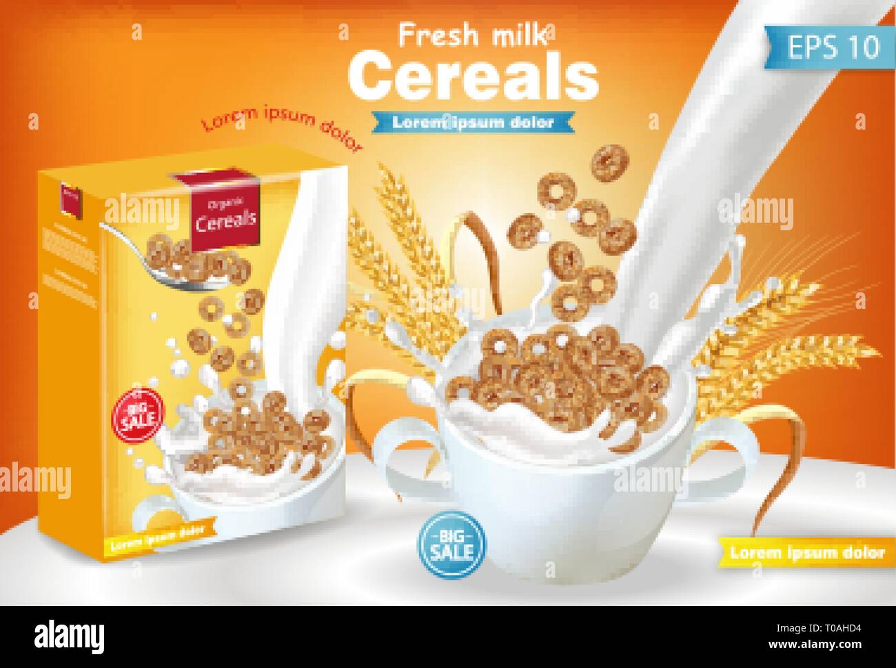 Rye cereals in milk splash Vector realistic mock up. Product placement ...