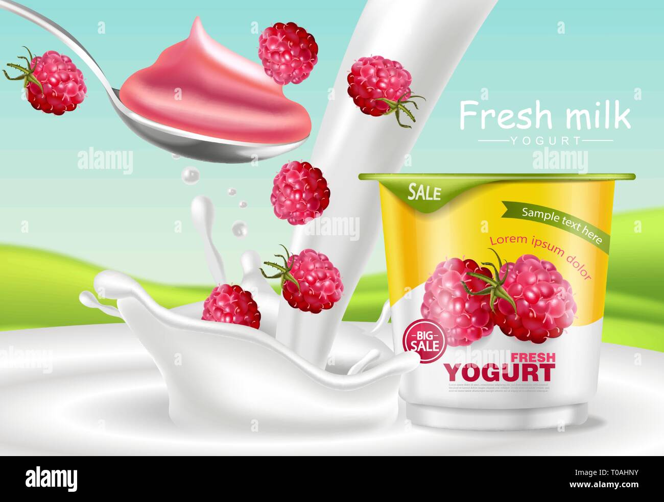 Raspberry yogurt Vector realistic. Product placement mock up. Fresh ...