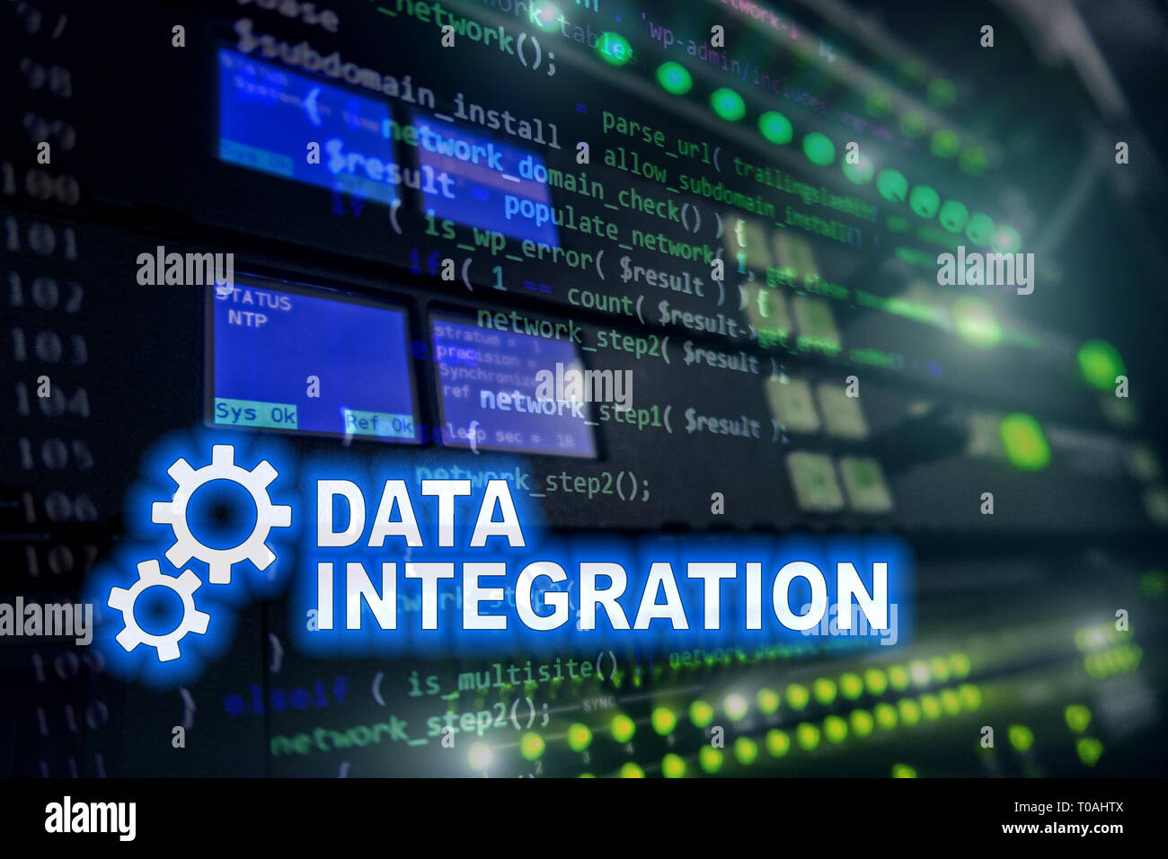 Data integration information technology concept on server room ...