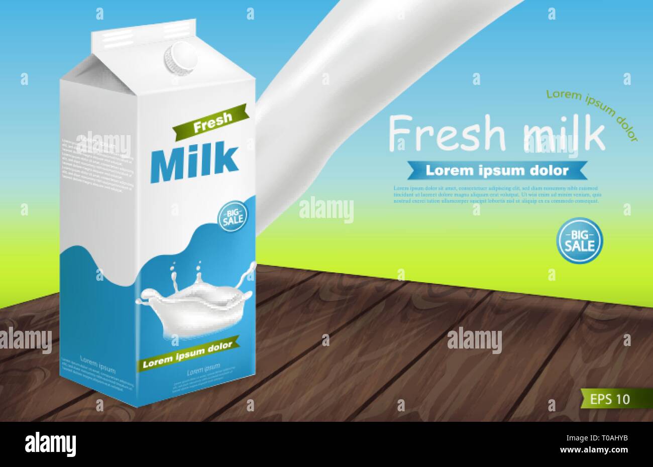 Milk package on wooden table Vector realistic with splash. Product ...