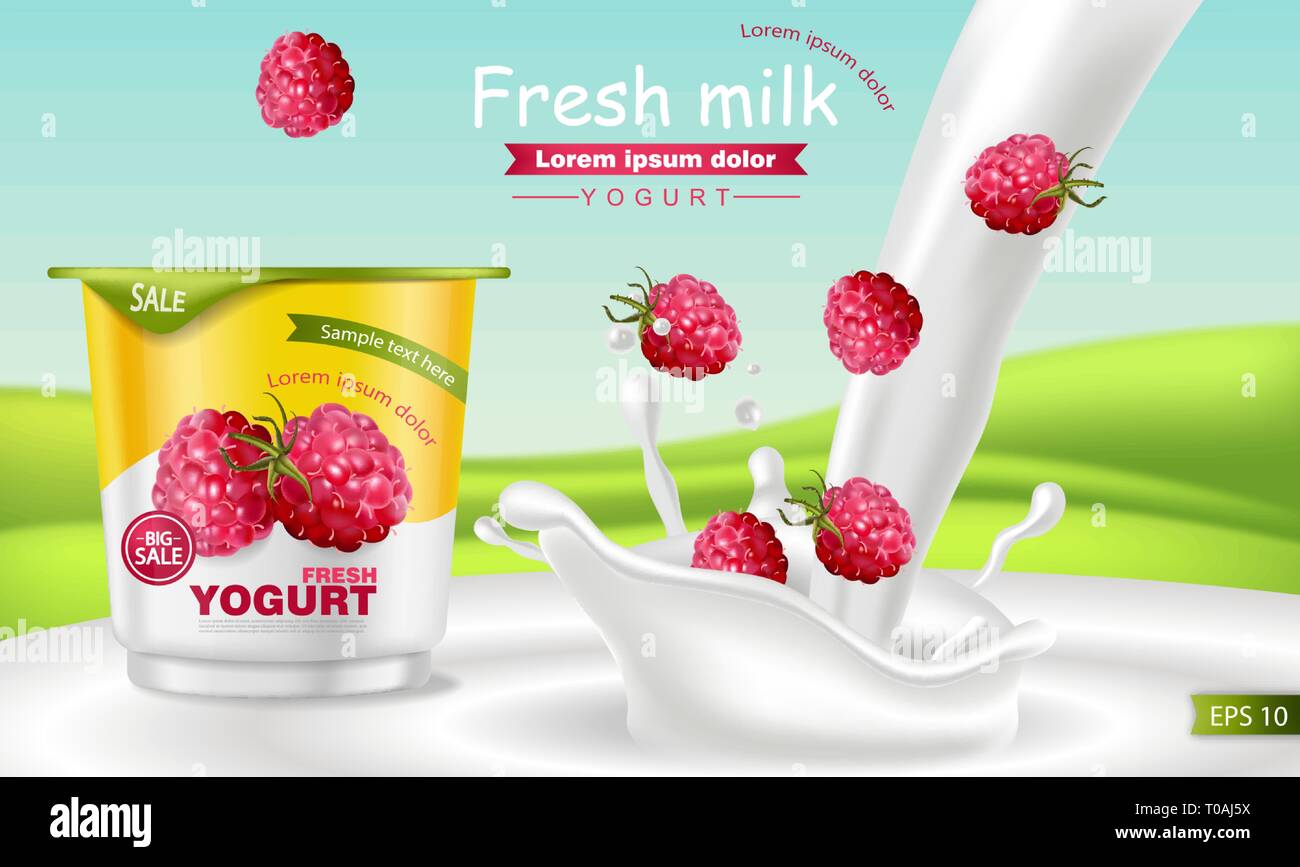 Raspberry yogurt Vector realistic. Product placement mock up. Fresh ...
