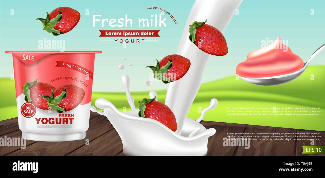 Strawberry yogurt Vector realistic. Product placement mock up. Fresh ...