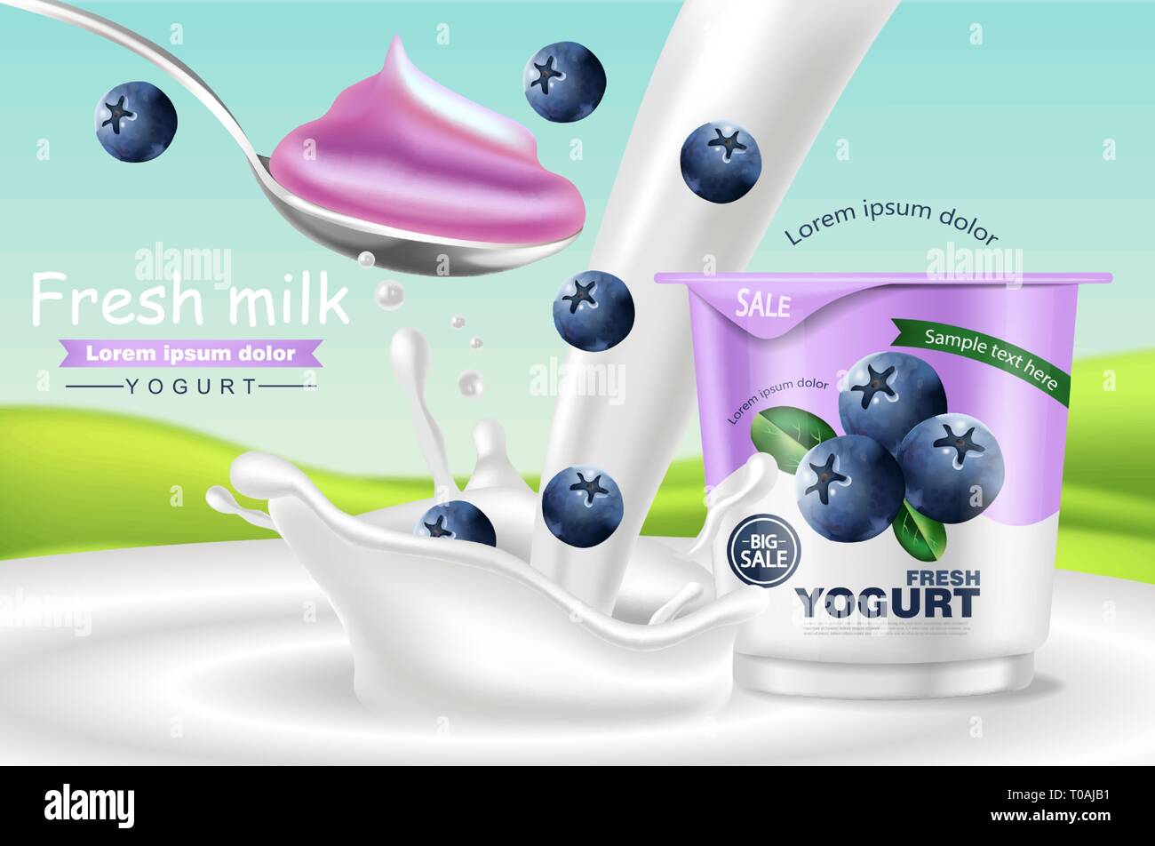 Blueberry yogurt Vector realistic. Product placement mock up. Fresh ...