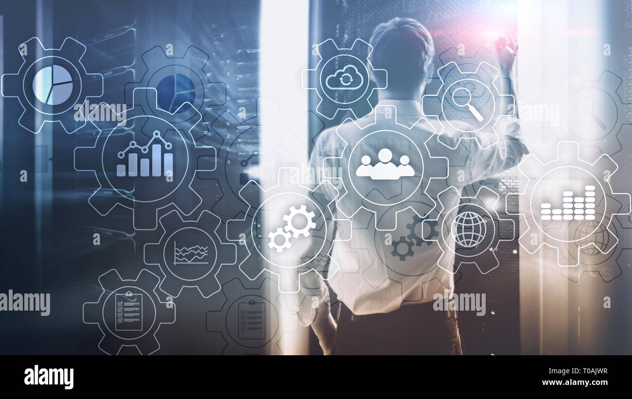 Business process abstract diagram with gears and icons. Workflow and ...