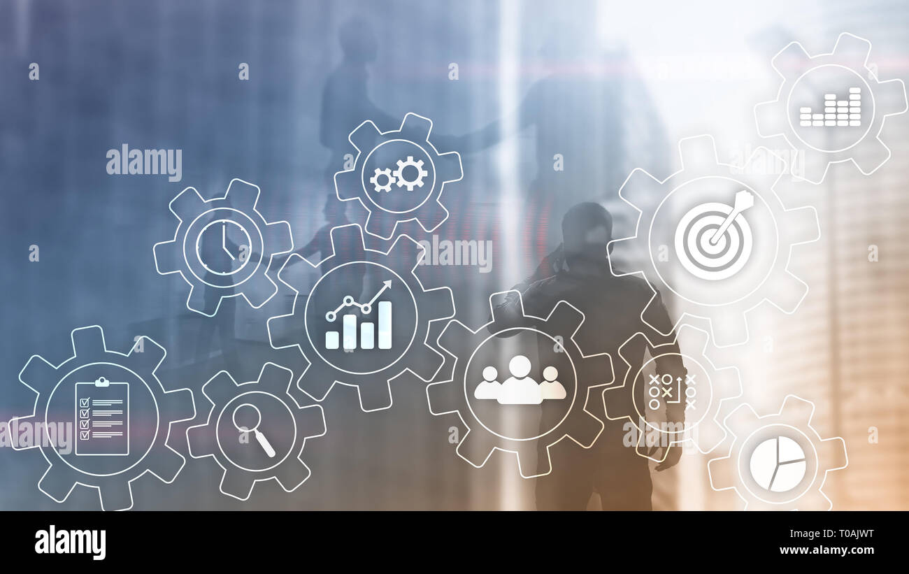Business process automation concept. Gears and icons on abstract ...