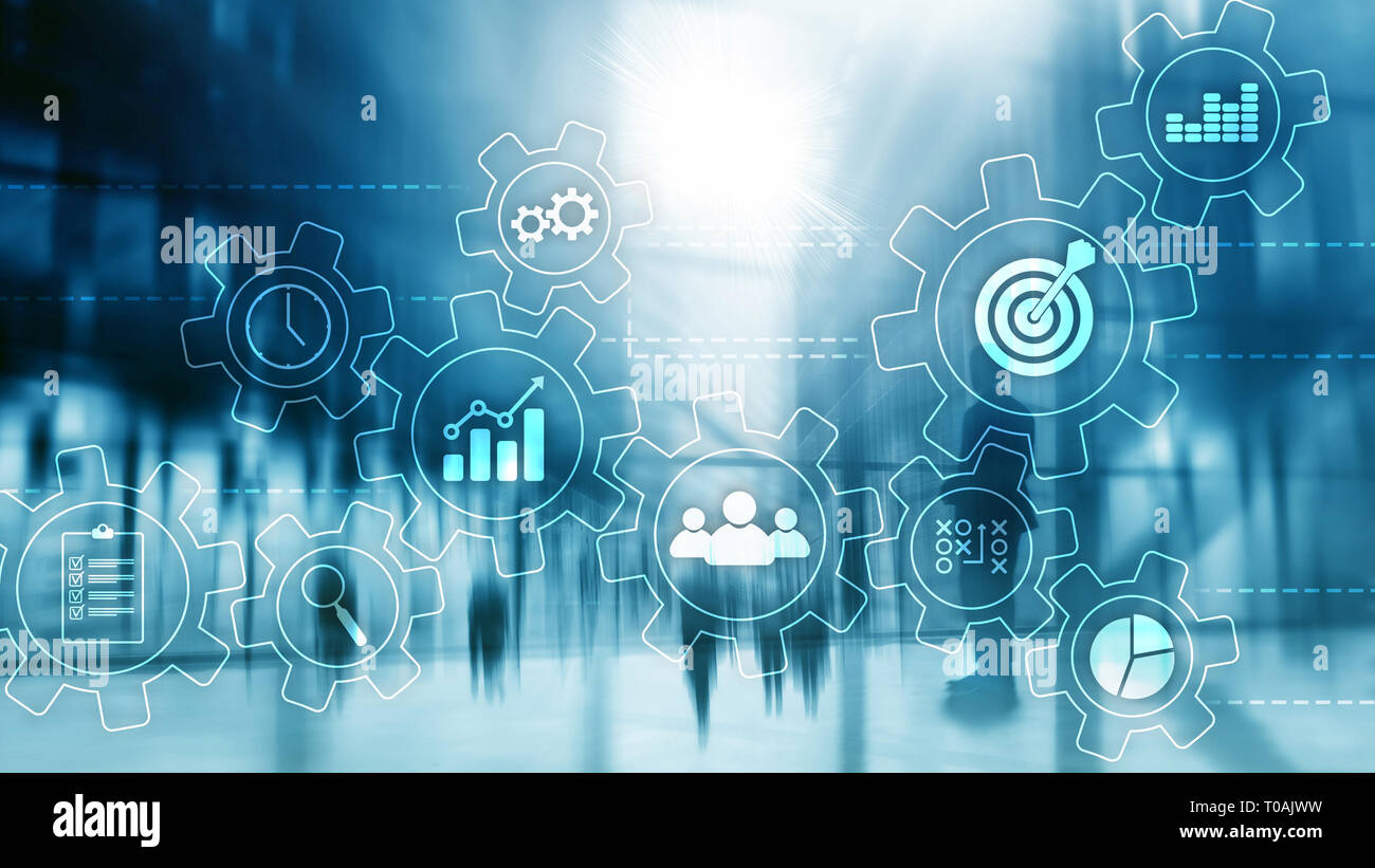 Business process automation concept. Gears and icons on abstract ...